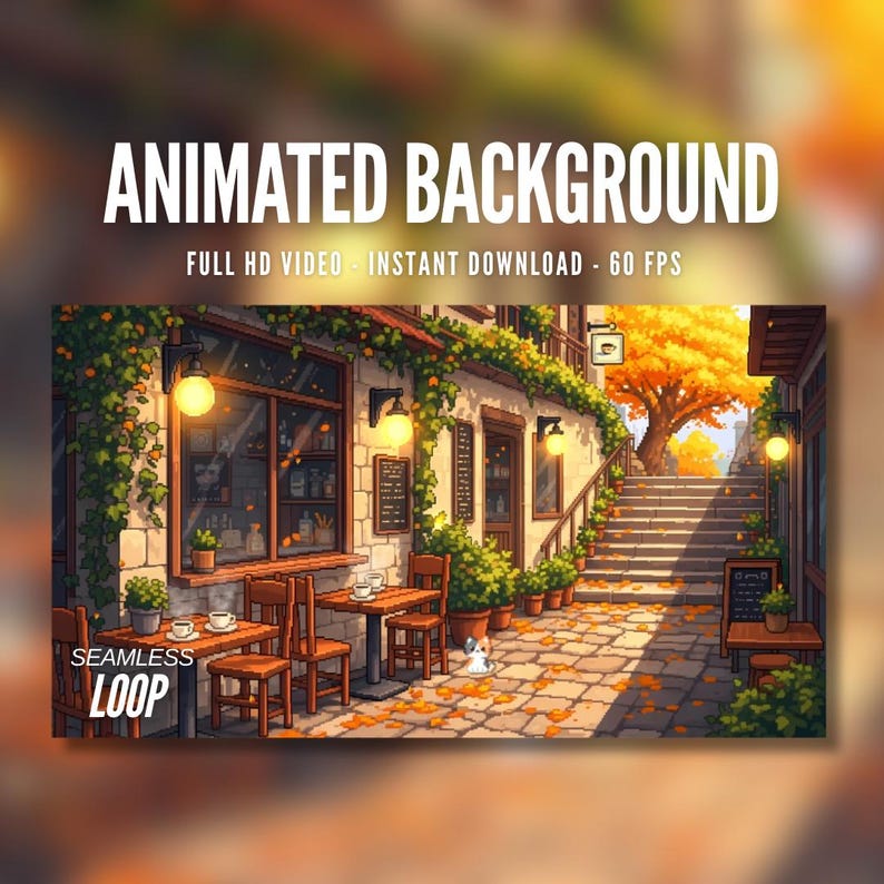 Animated Background | Pixel Art Autumn Cafe Street With Cat and Falling ...