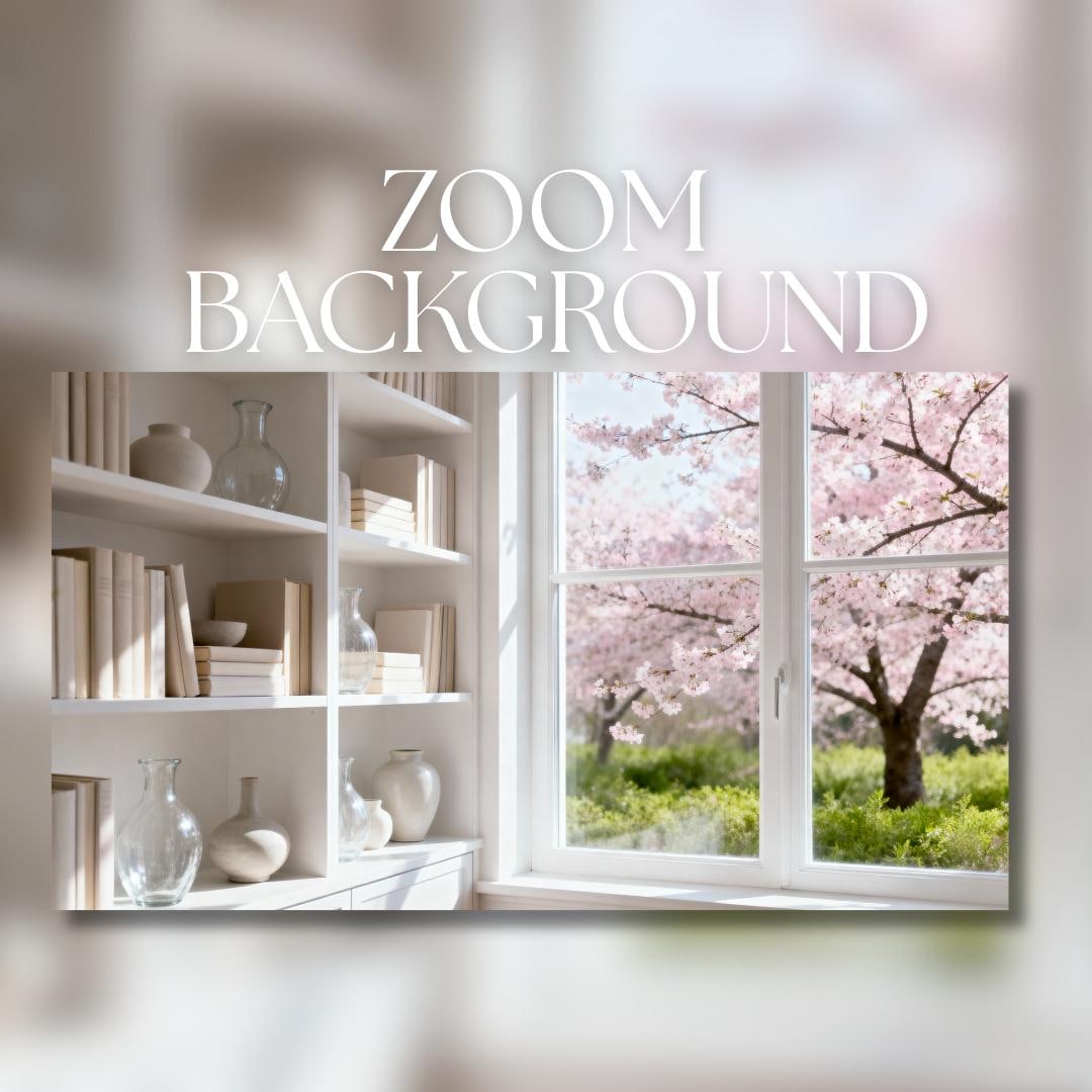 Zoom Background | Spring Home Office Bookshelves With Blossom View ...