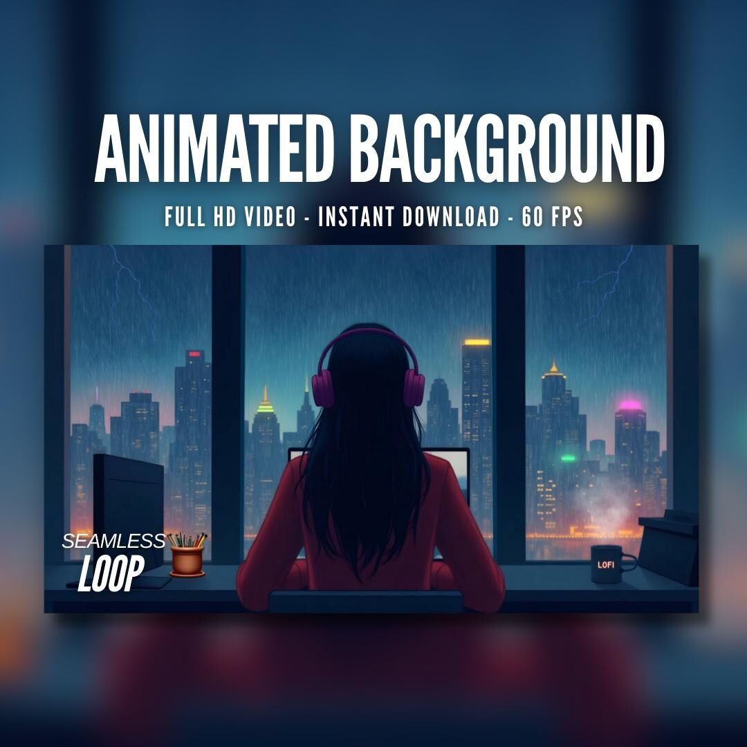Animated Background Girl on Computer Rainy Window Study Room Lo-fi ...