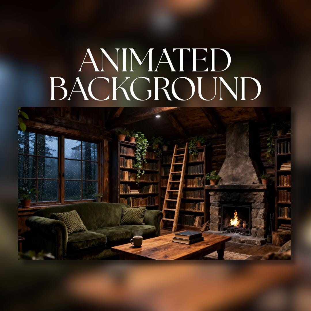 Animated Background | Cozy Forest Library Cabin | Fireplace & Rainy ...