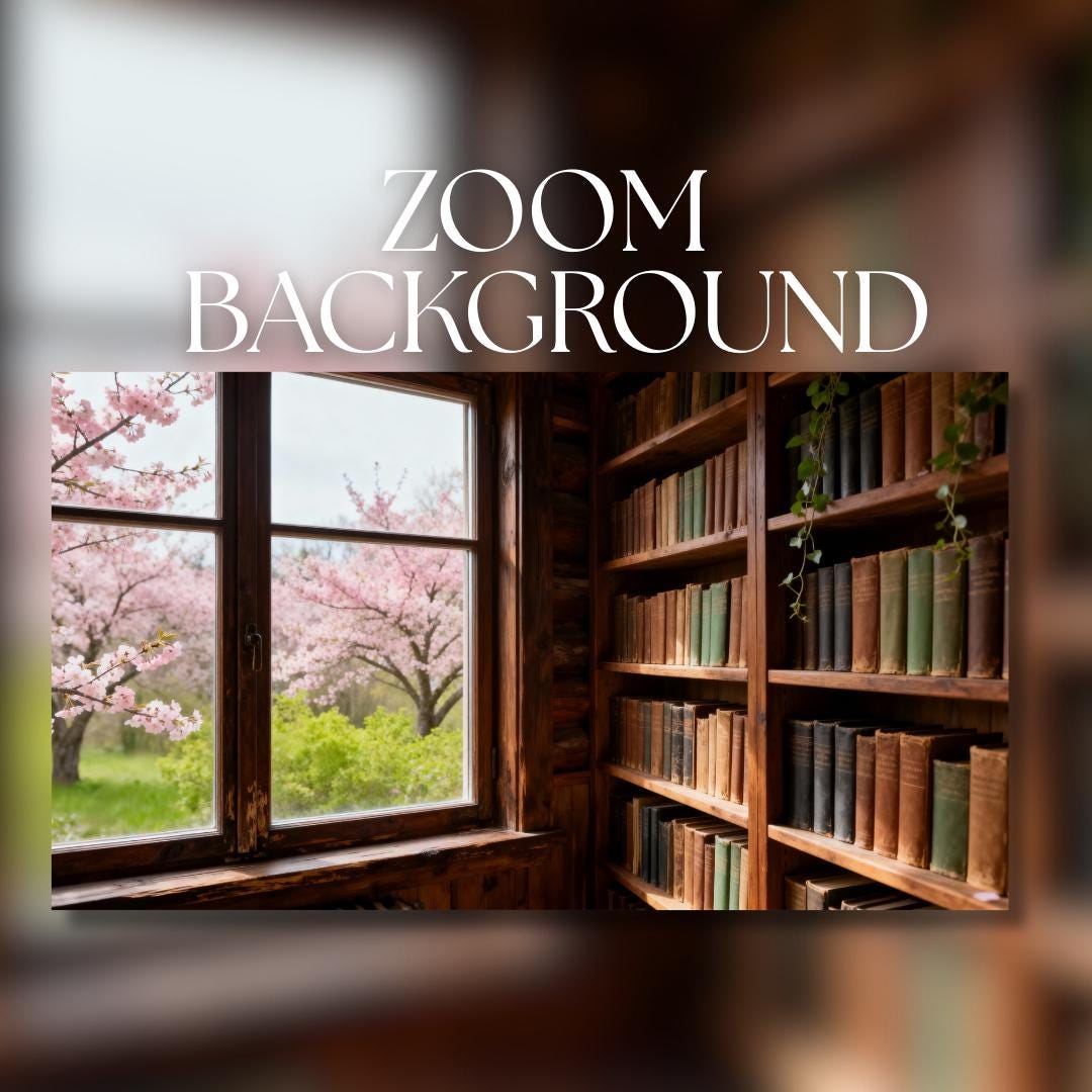 Zoom Background | Cozy Spring Library With Wooden Bookshelves & Blossom ...