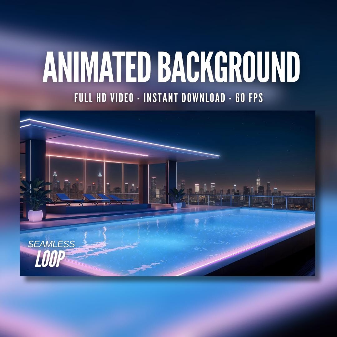 Animated Background 81 Neon Rooftop Swimming Pool City Skyline Peaceful ...