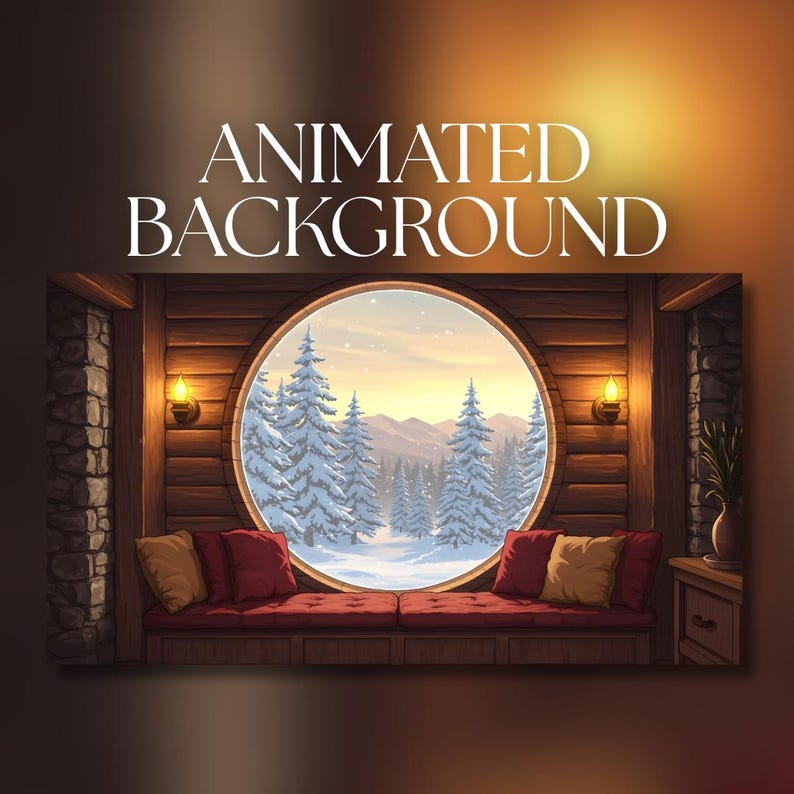 Animated Background | Cozy Cabin Round Window Seat at Sunset | Snowy ...