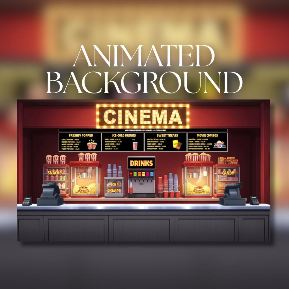 Animated Background | Cinema Snack Bar Interior | Movie Theatre Counter ...