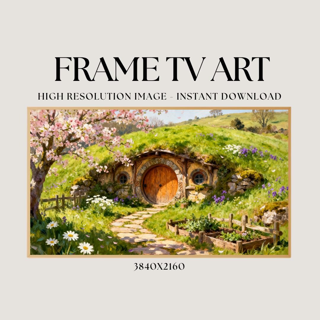 Frame TV Art | Spring Hobbit-style Hillside Cottage With Blossom Tree ...