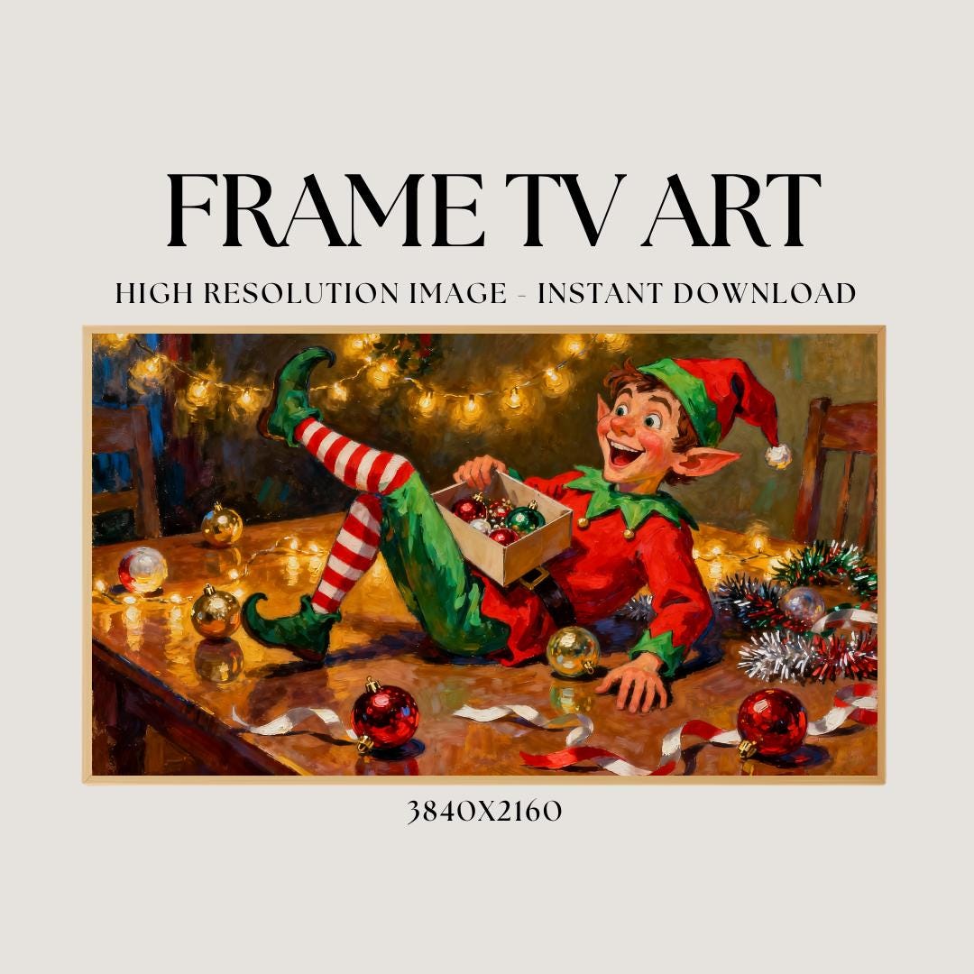 Frame TV Art | Cheeky Christmas Elf With Baubles & Garland | Whimsical ...