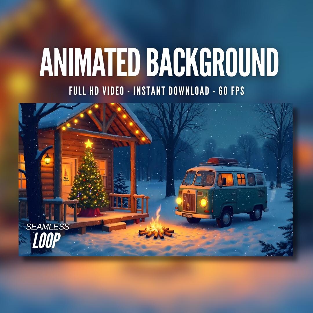 Animated Background Log Cabin Porch Christmas Campervan Snowfall ...