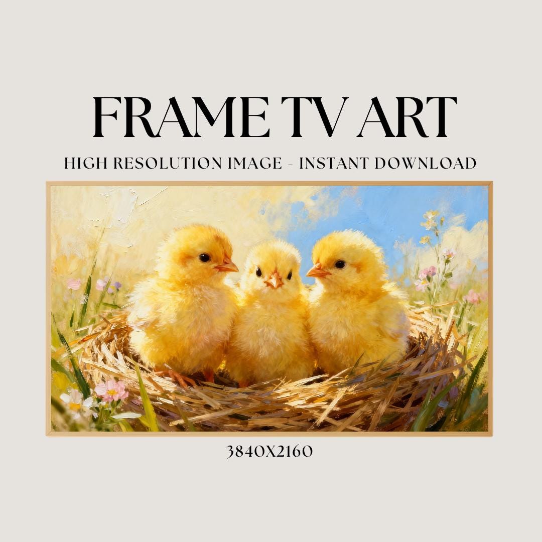 Frame TV Art | Three Fluffy Spring Chicks in Straw Nest | Soft Pastel ...