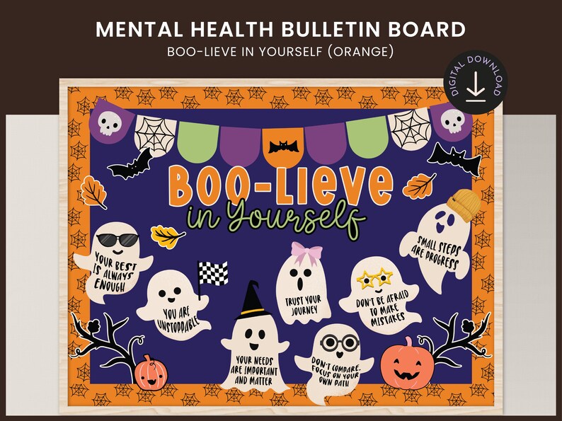 Boo-lieve in Yourself Halloween Bulletin Board Kit orange Affirmations ...