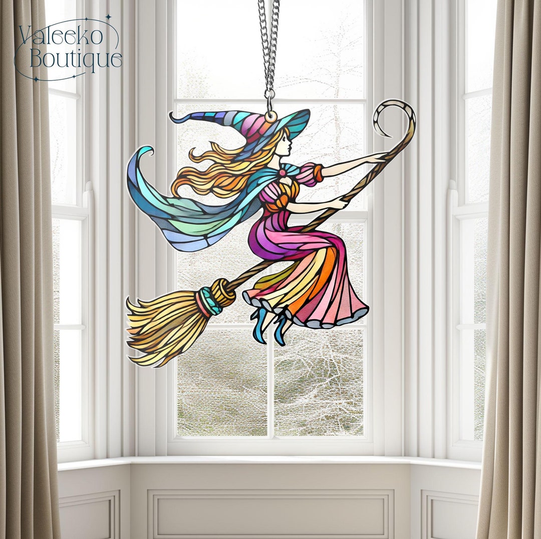 Stained Glass Witch on Broom Halloween Decorations, Witchy Acrylic ...