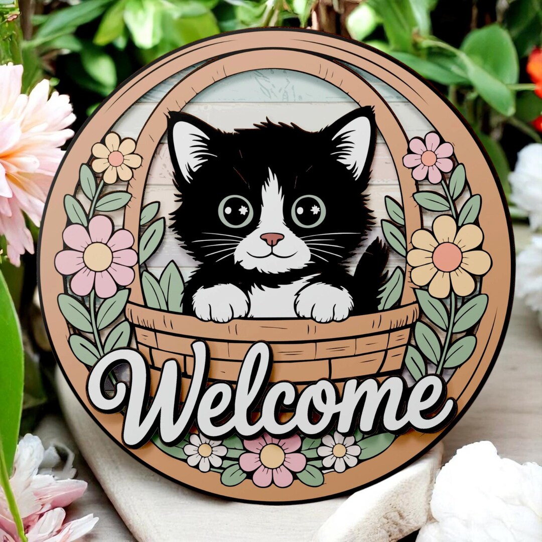 Cute Kitten Welcome Door Sign – Round Wooden Cat Sign With Flowers ...