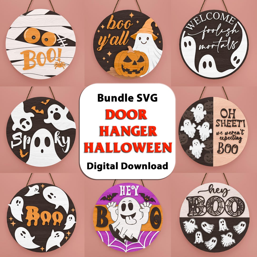 Halloween Ghost Door Hanger SVG Bundle: Spooky Laser Cut Sign Designs ...