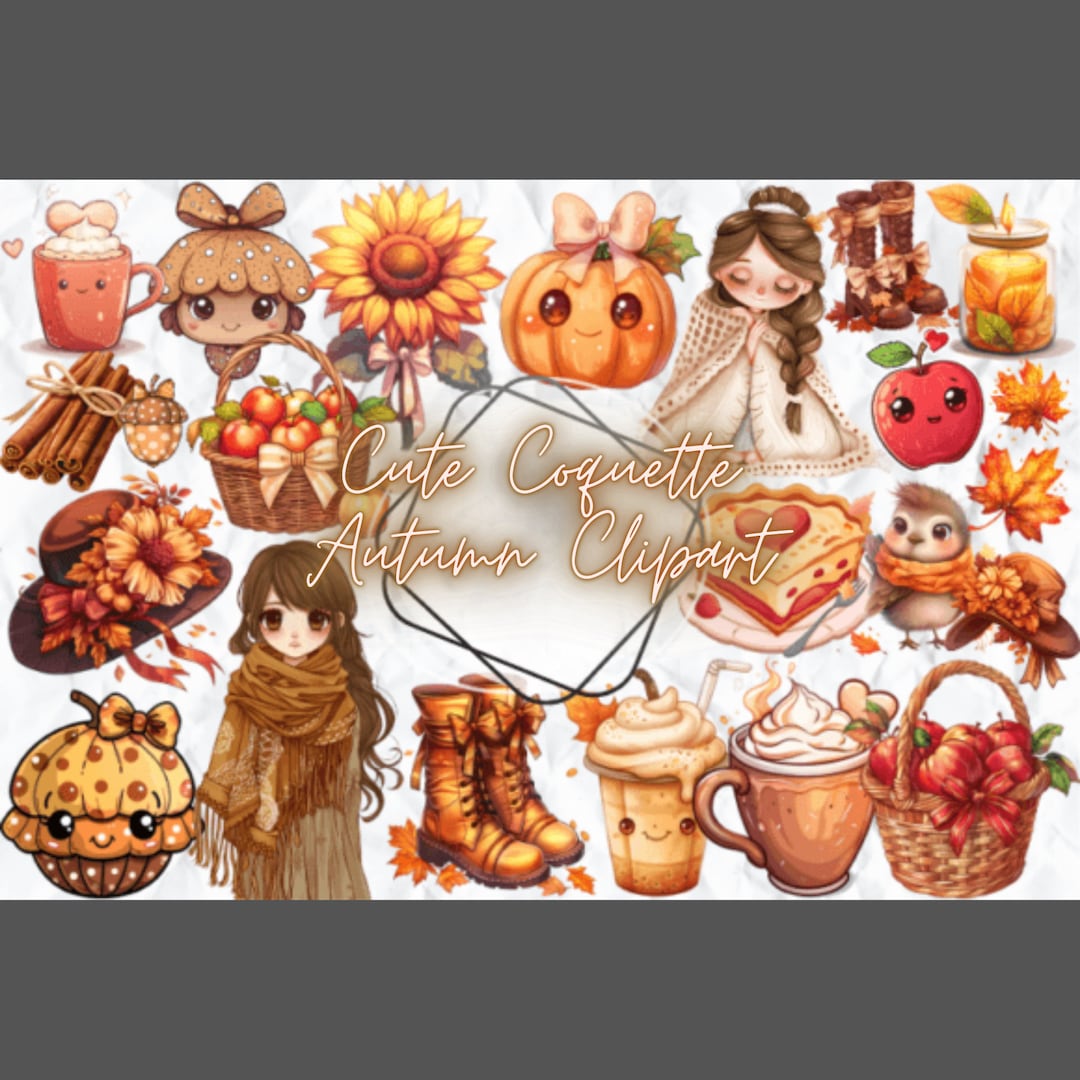 Cute Coquette Autumn Clipart, Watercolor Autumn Library Clipart Bundle ...