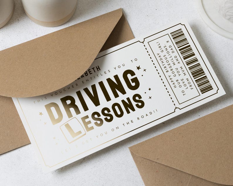 Personalised Driving Lessons Gift Voucher, Gold Foil, Custom Birthday ...