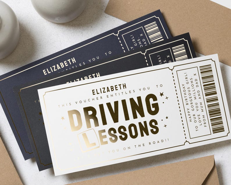Personalised Driving Lessons Gift Voucher, Gold Foil, Custom Birthday ...