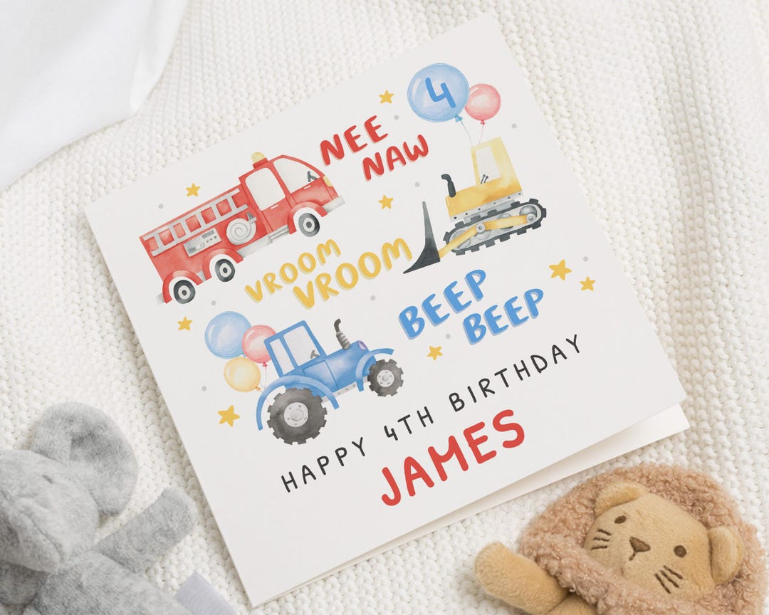 Personalised 4th Birthday Card for Boy, Son 4th Birthday Card, Digger ...