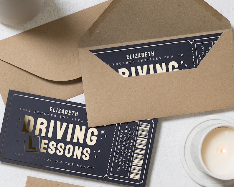 Personalised Driving Lessons Gift Voucher, Gold Foil, Custom Birthday ...