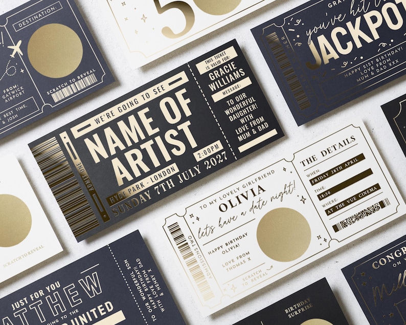 Personalised Concert Ticket Gift Voucher, Custom Gold Foil Ticket, Gift ...