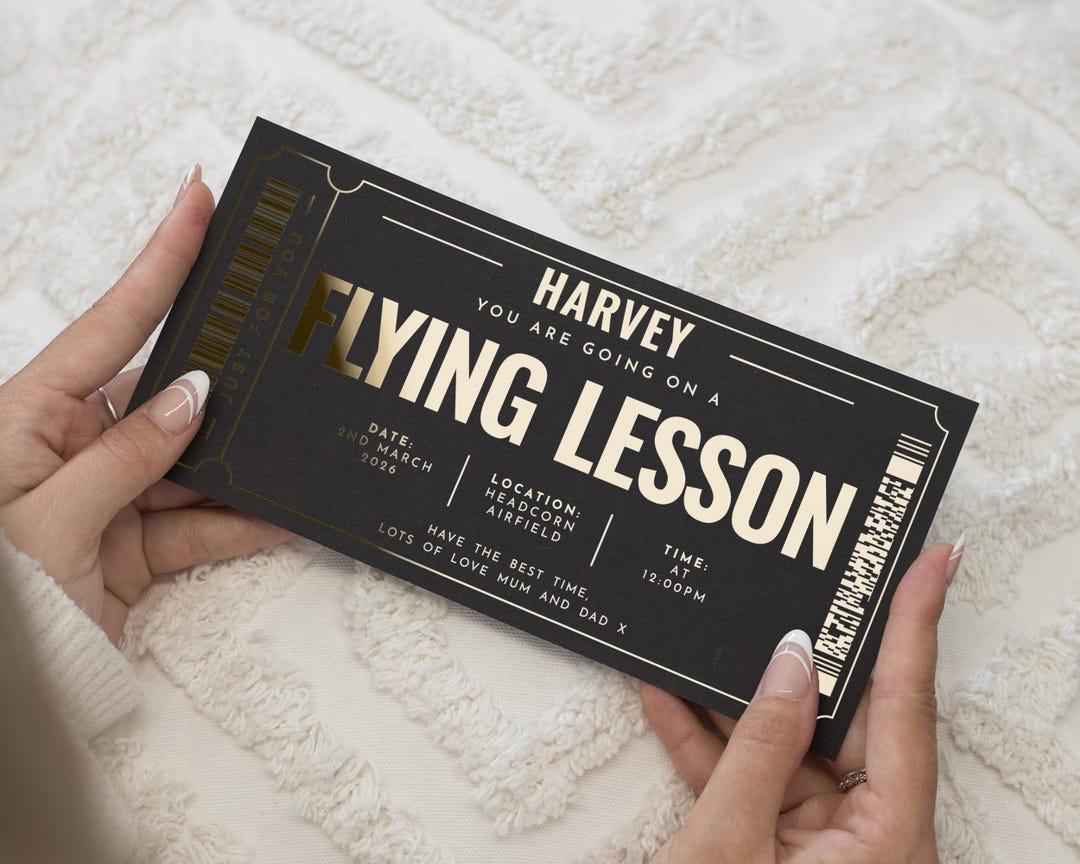 Personalised Flying Lesson Gift Voucher, Gold Foil Ticket, Custom ...
