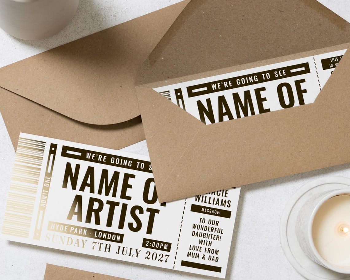Personalised Concert Ticket Gift Voucher, Custom Gold Foil Ticket, Gift ...