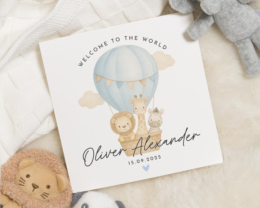 New Baby Card, Personalised Baby Card, Hot Air Balloon Card, Safari ...