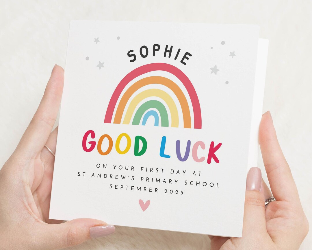 Good Luck Card for School, Personalised First Day Card, Rainbow Good ...