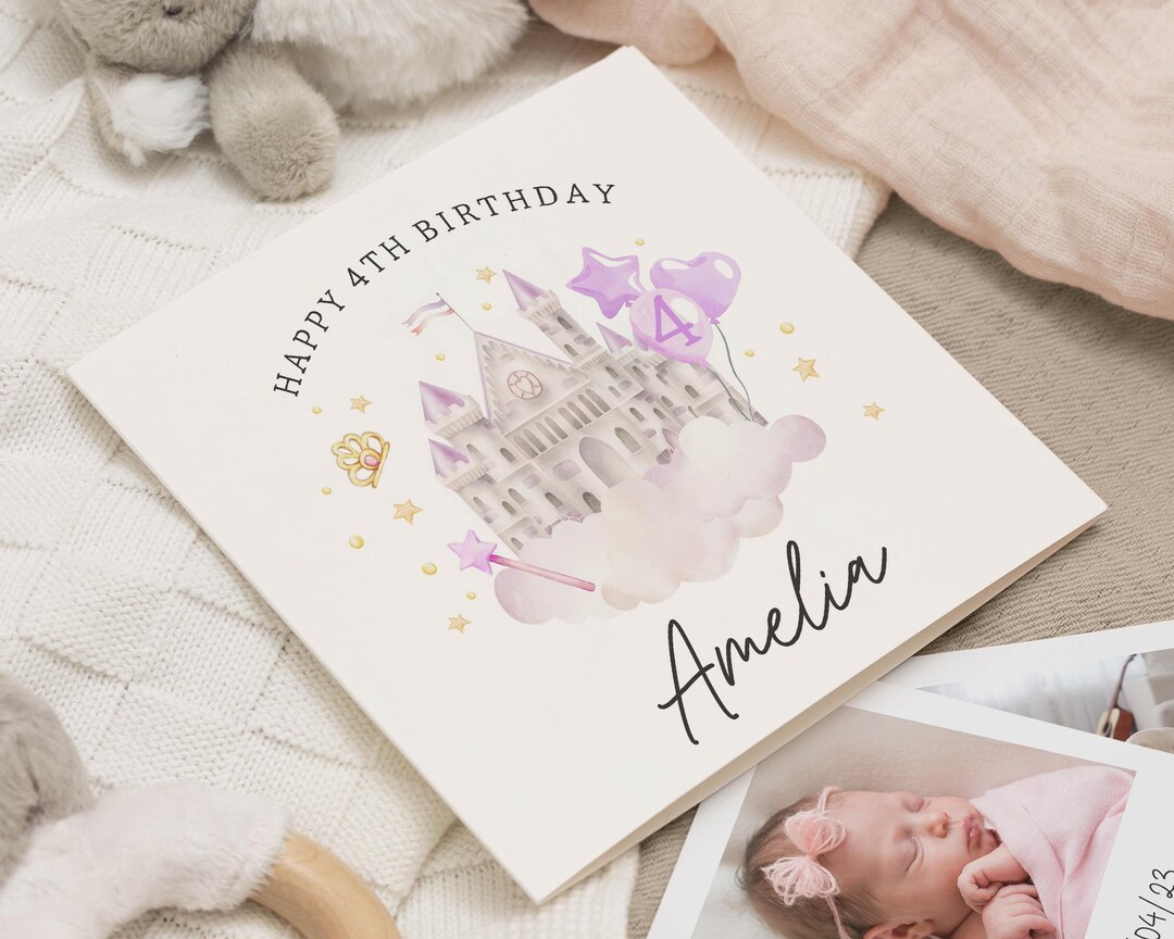 4th Birthday Card for Girl, Personalised Princess Castle Birthday Card ...