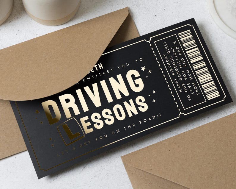 Personalised Driving Lessons Gift Voucher, Gold Foil, Custom Birthday ...