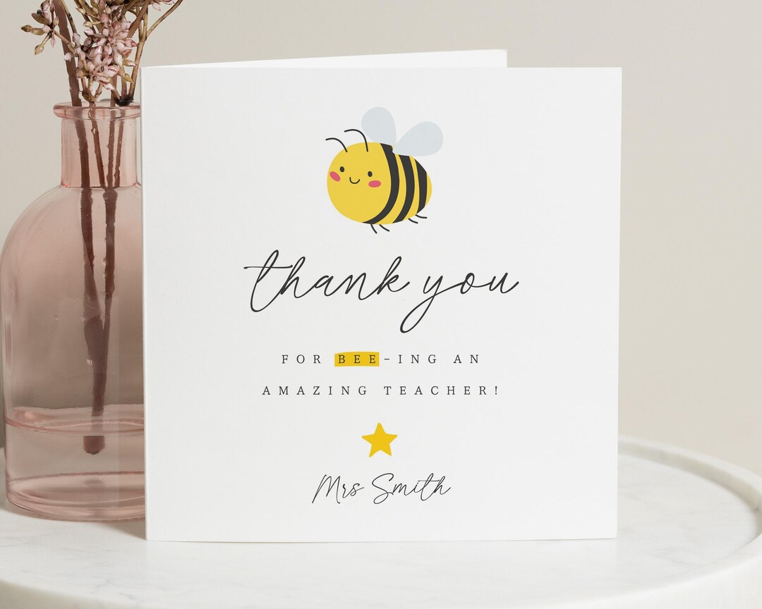 Thank You Teacher Card, Bee Thank You Card, Personalised Teacher Card ...