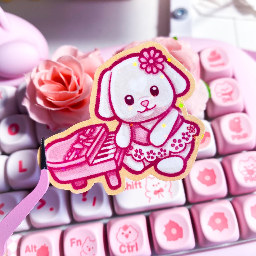 Vintage Baby Critter Animal Lamb Piano Kawaii Holographic Glitter Star ...