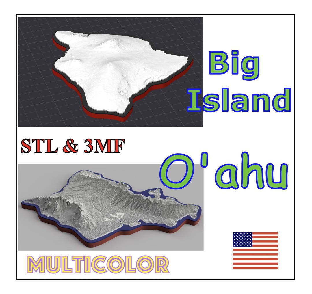 Hawaii (big Island and O'ahu) – 3D STL & 3MF File | Island Map 3D Model ...