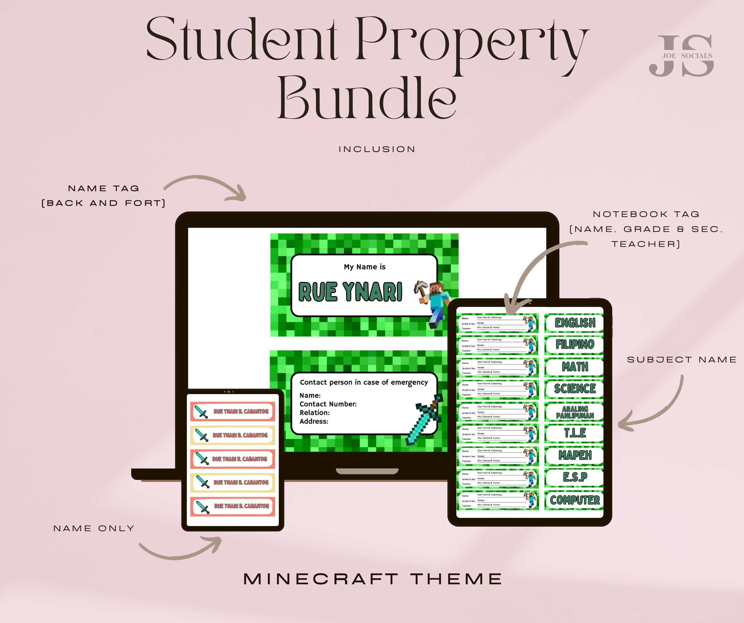 Back to School Student Property Bundle name Tag, Notebook Tag ...