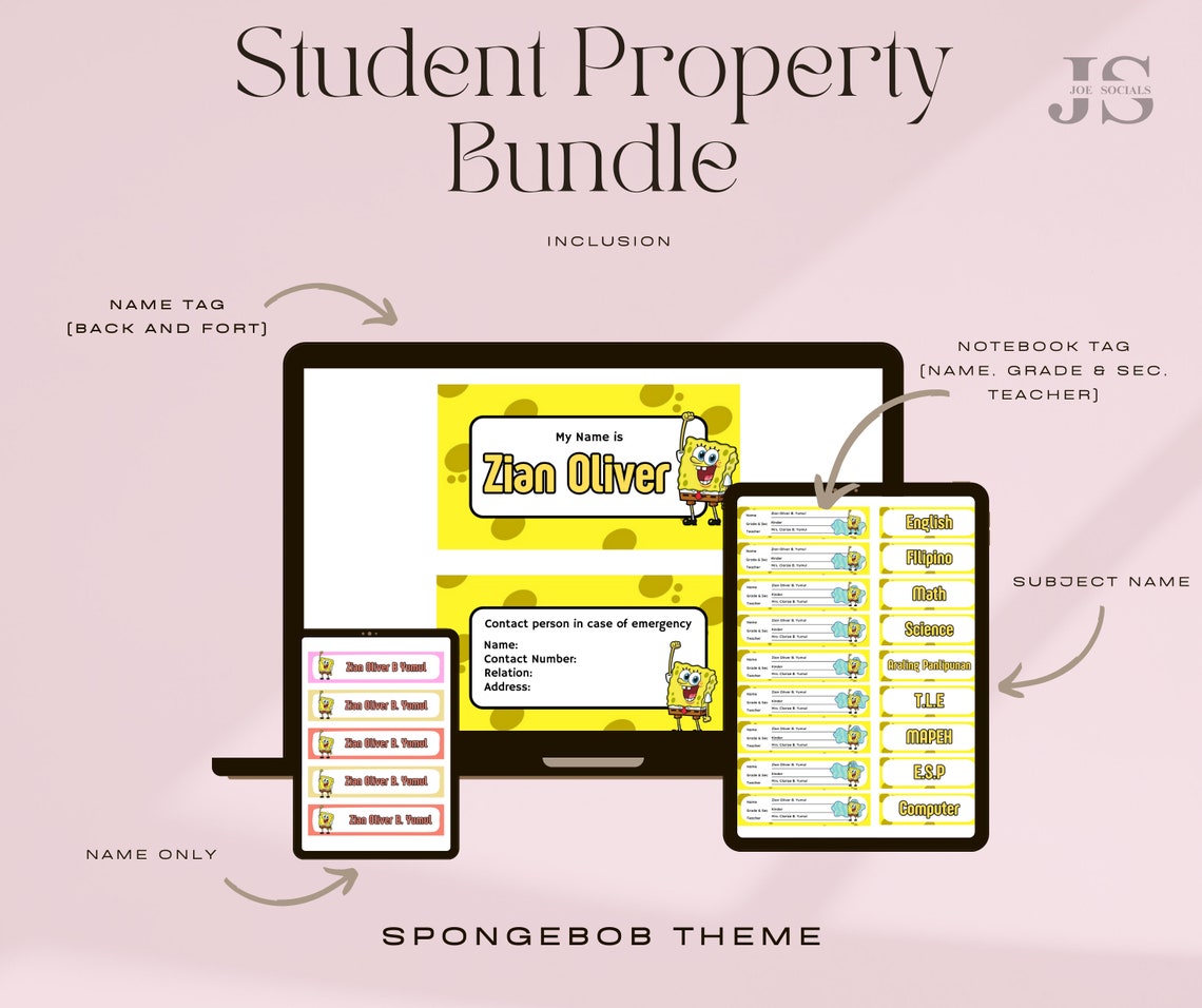 Back to School Student Property Bundle name Tag, Notebook Tag ...