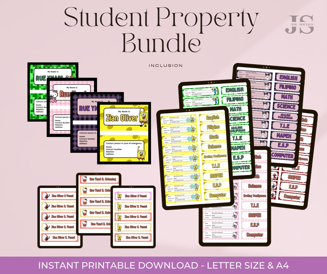 Back to School Student Property Bundle name Tag, Notebook Tag ...