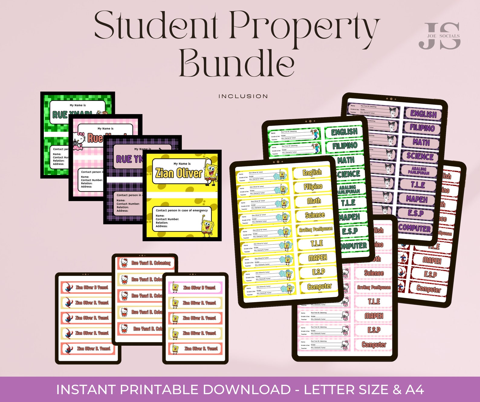 Back to School Student Property Bundle name Tag, Notebook Tag ...