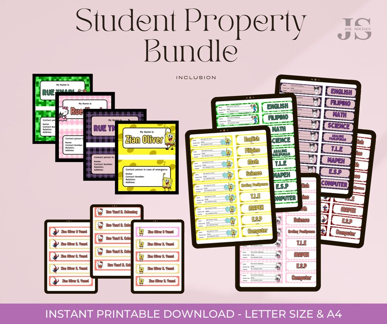 Back to School Student Property Bundle name Tag, Notebook Tag ...