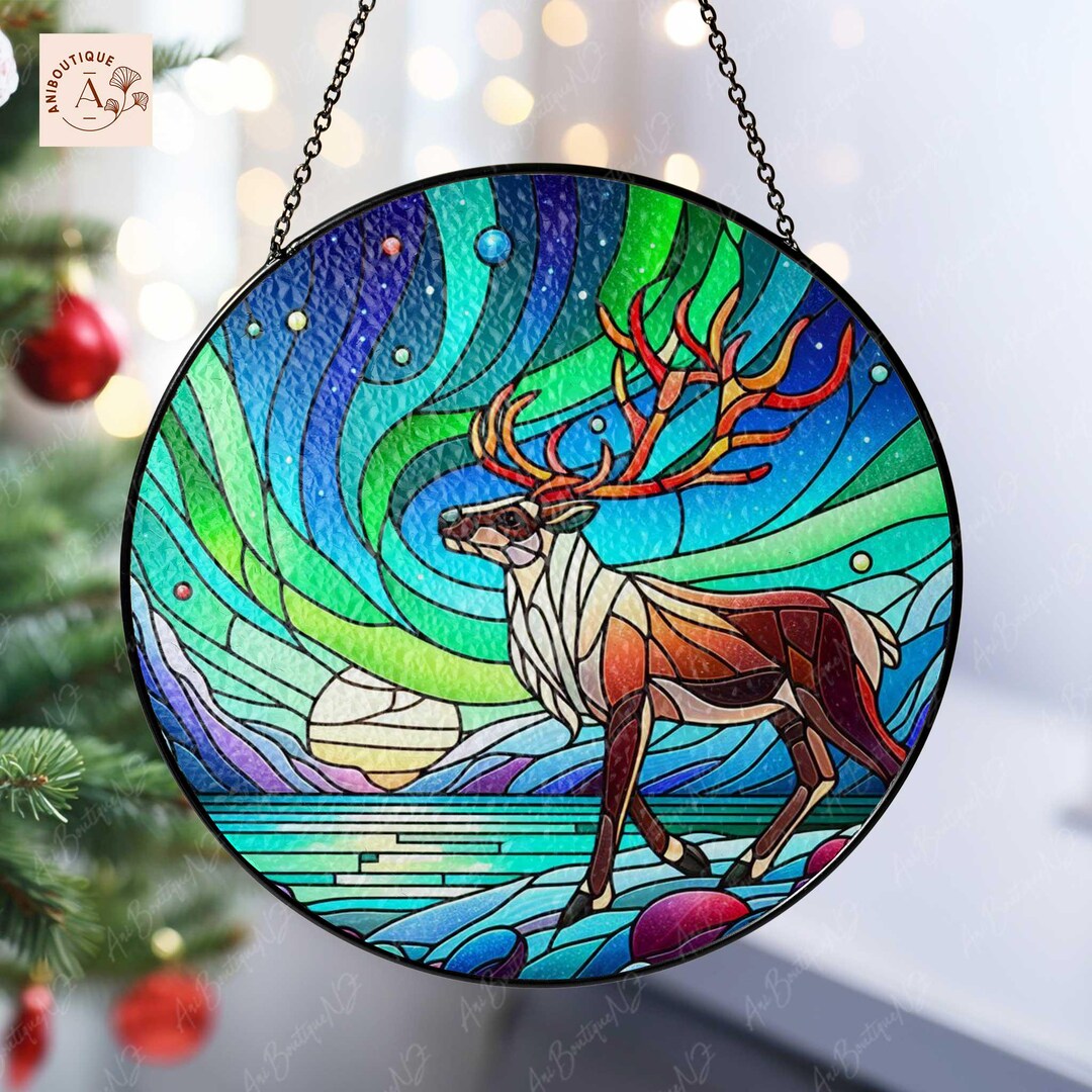 Enchanting Reindeer Northern Lights Glass Suncatcher Captivating ...