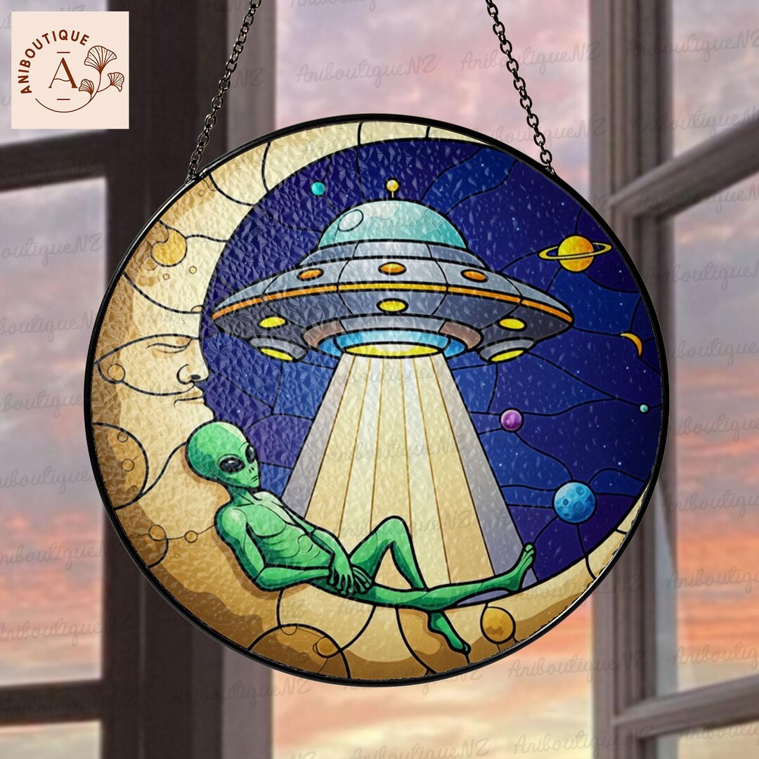 UFO Alien Sleeping on Crescent Moon Glass Suncatcher, UFO Suncatcher ...