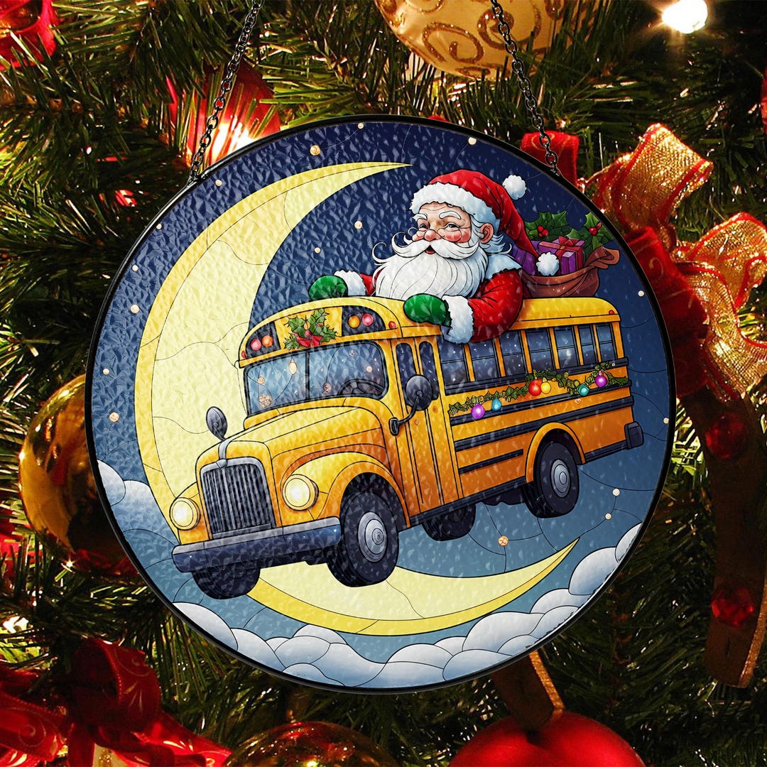 Santa Driving School Bus GLASS SUNCATCHER, School Bus Glass, Holiday ...