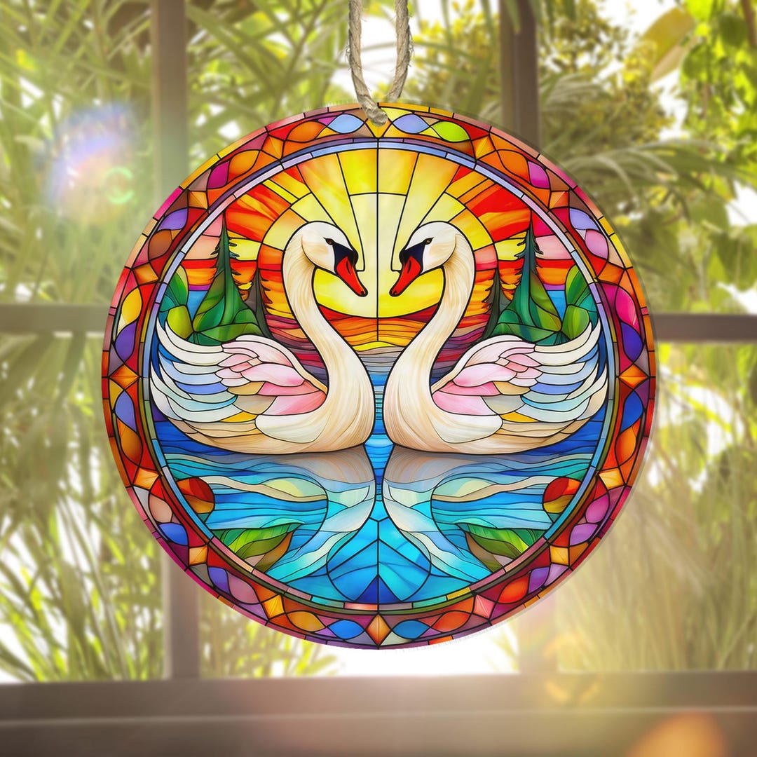 Swans Couple ACRYLIC SUNCATCHER ORNAMENT, Stained Glass Style, Home ...