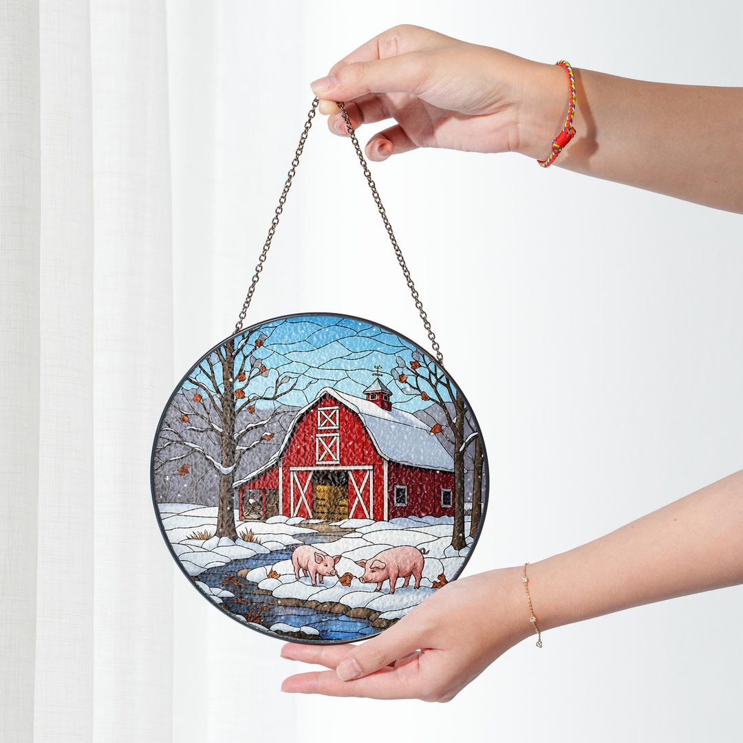 Winter Pigs & Red Barn Farm Scene GLASS SUNCATCHER, Pig Farmer Midwest ...