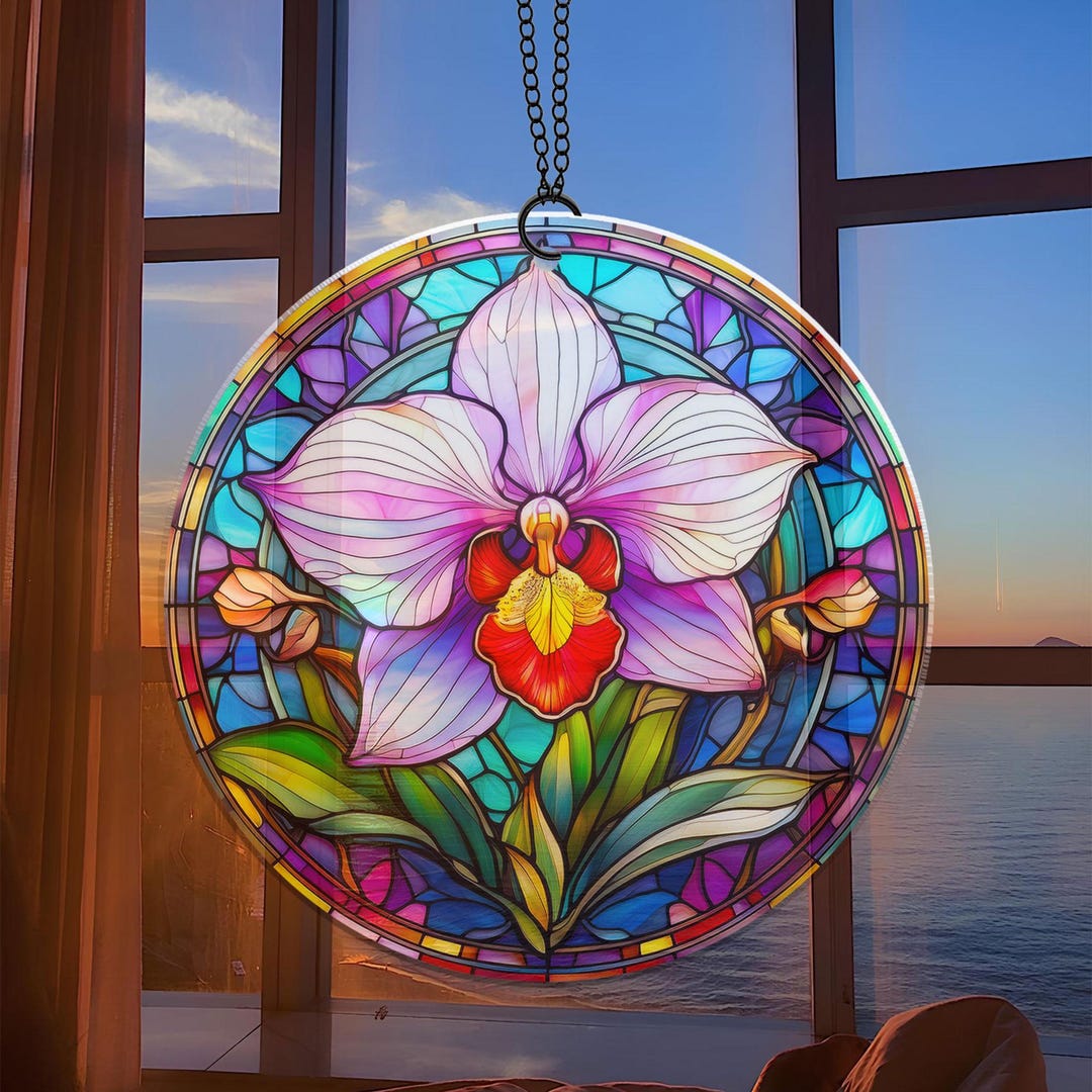 Orchids ACRYLIC SUNCATCHER ORNAMENT, Stained Glass Style, Home Window ...