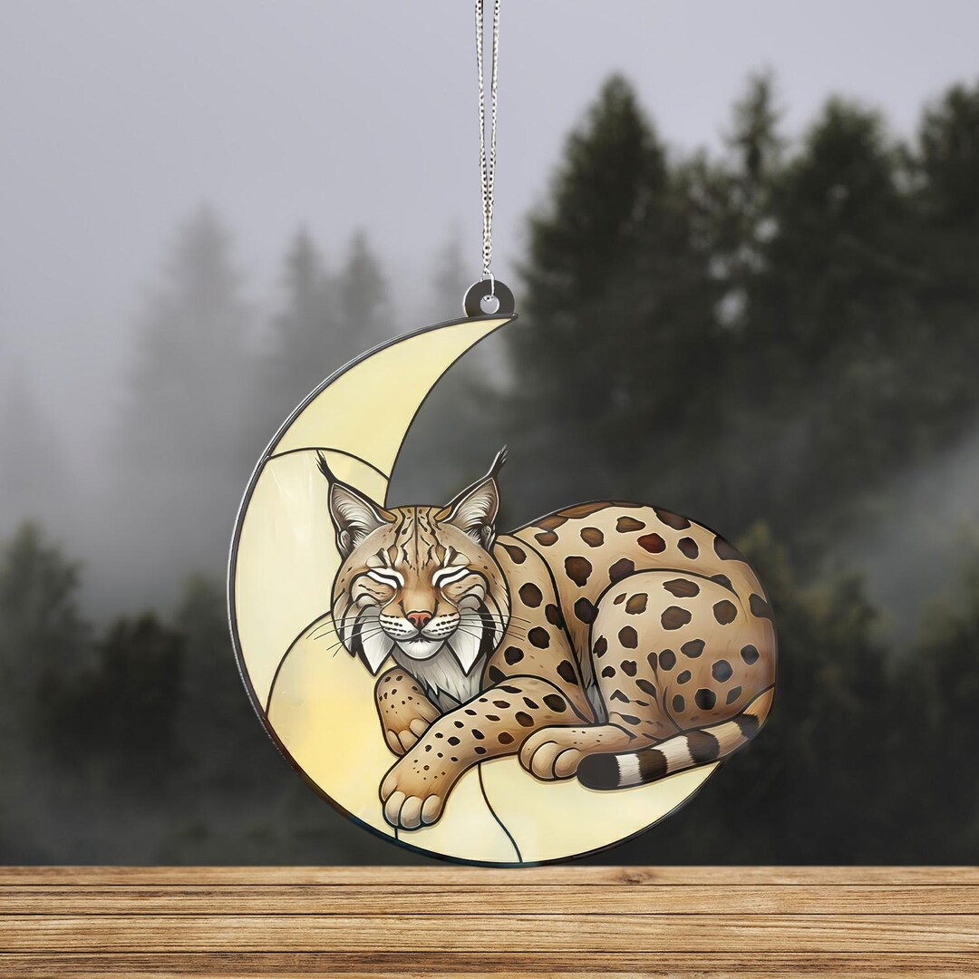 Bobcat Sleeping on Crescent Moon ACRYLIC Window Hanging, Bobcat Lover ...