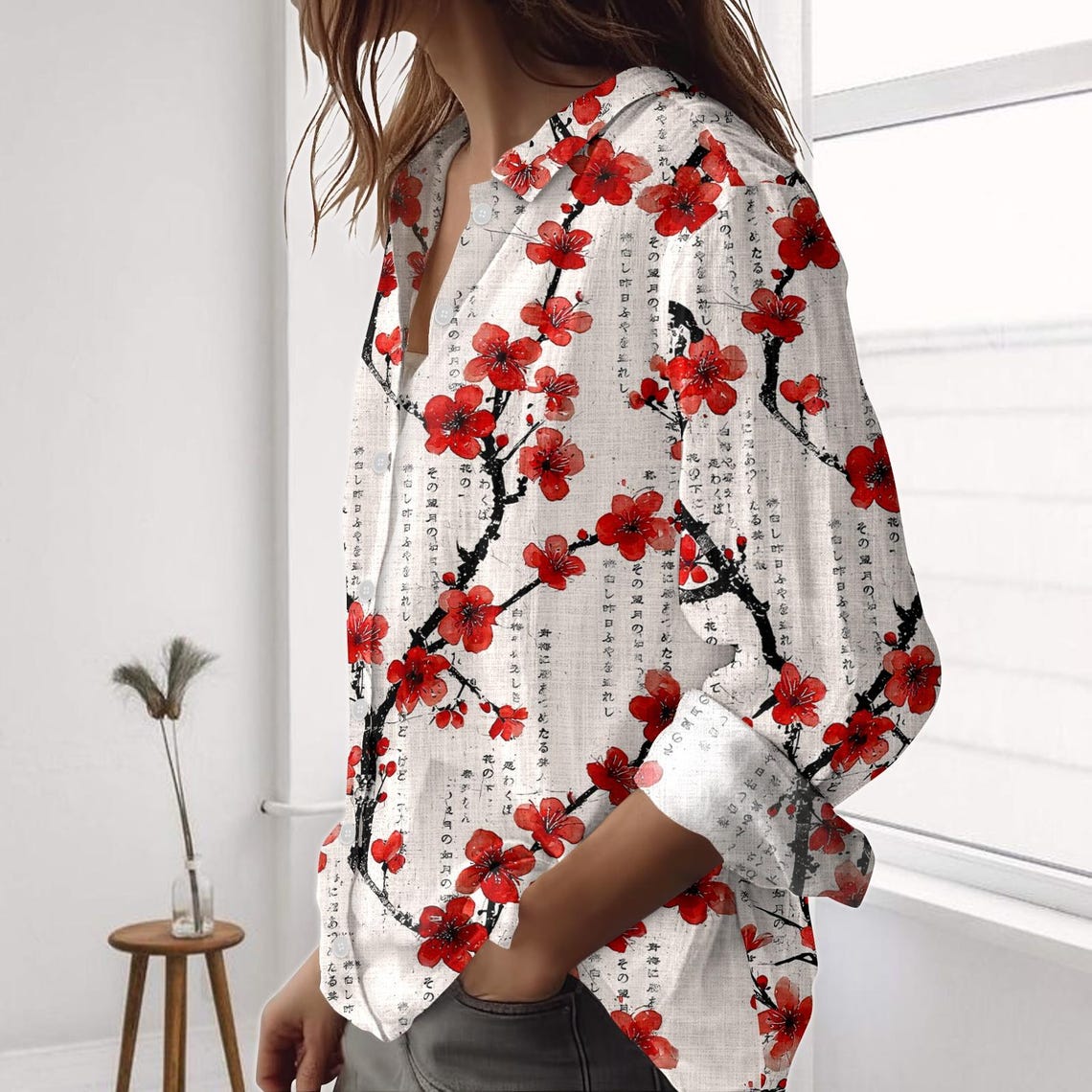 Cherry Blossom Japanese Blouse Shirt, Floral Flower Women Shirt, Asian ...