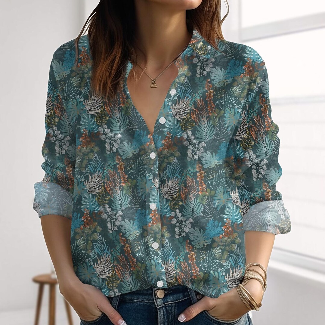 Tropical Leaf Blouse Shirt, Green Jungle Plant Tops for Women ...