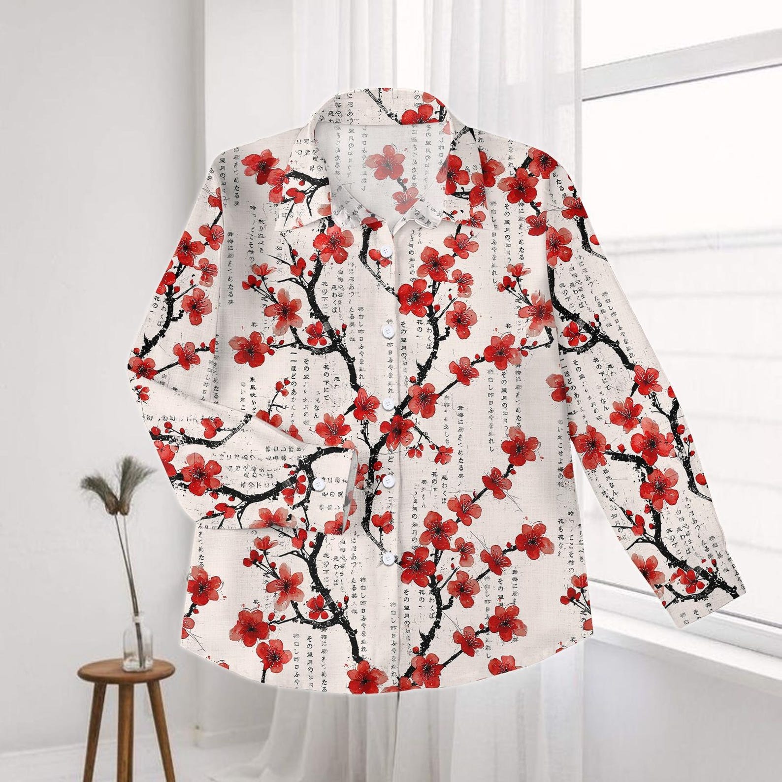 Cherry Blossom Japanese Linen-look Shirt, Floral Flower Women Shirt ...