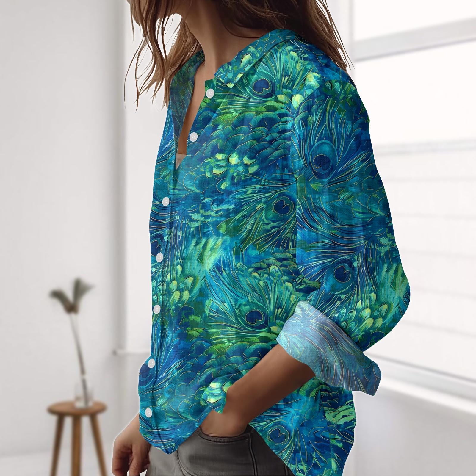Peacock Feather Blouse Shirt, Boho Style Blouses Tops Women, Peacock ...