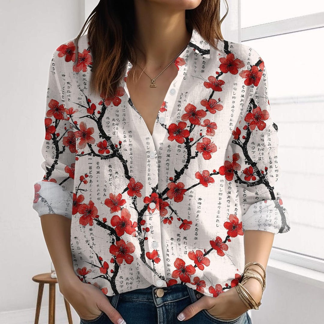 Cherry Blossom Japanese Blouse Shirt, Floral Flower Women Shirt, Asian ...