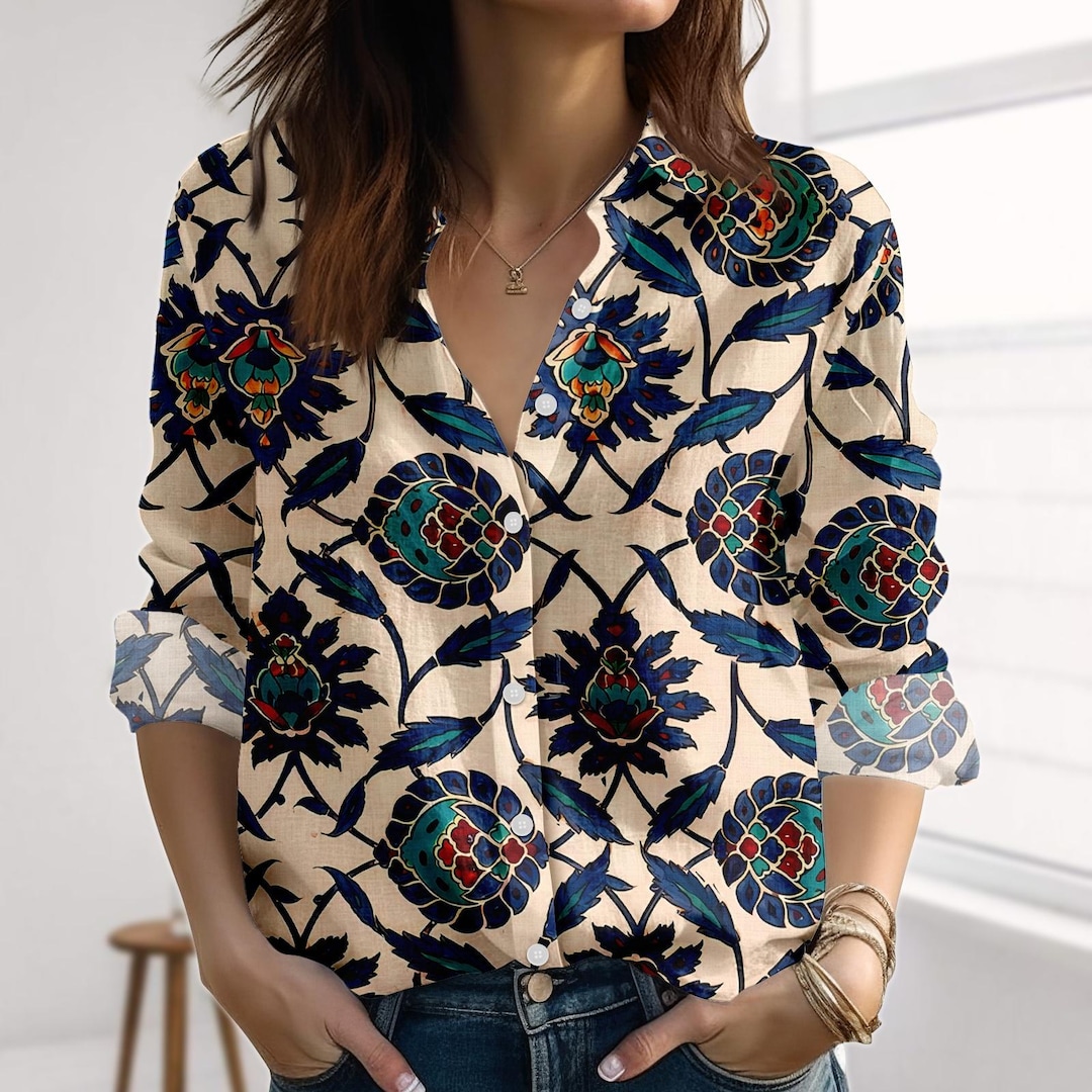 Ottoman Floral Linen-look Shirt, Turkish Tile Blouse Shirt, Boho Ethnic ...