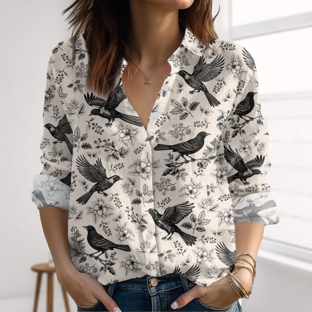 Starling Bird Linen-look Shirt, Retro Birds Blouses Shirt, Nature Love ...